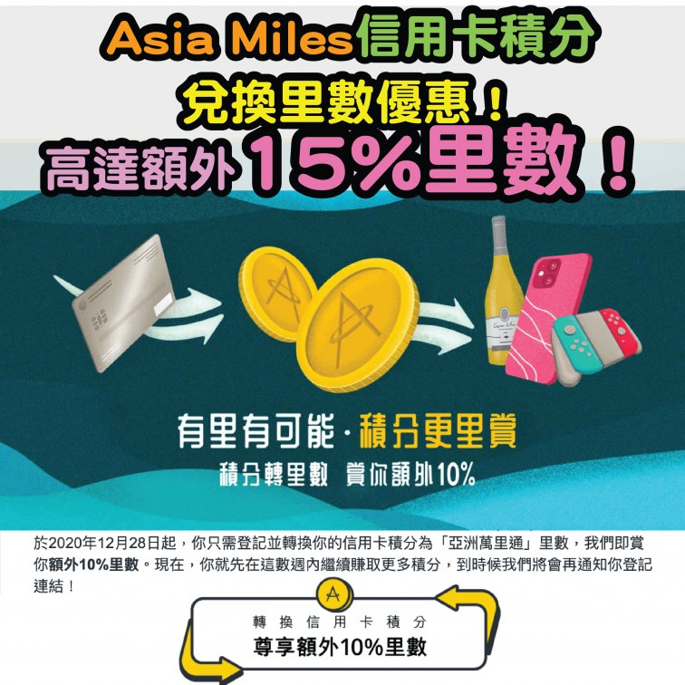 Asia Miles轉換積分優惠 信用卡積分兌換亞洲萬里通 額外高達15%里數優惠