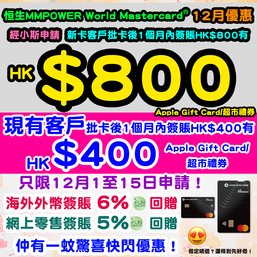 恒生MMPOWER World Mastercard $800 Apple Gift Card/超市禮券